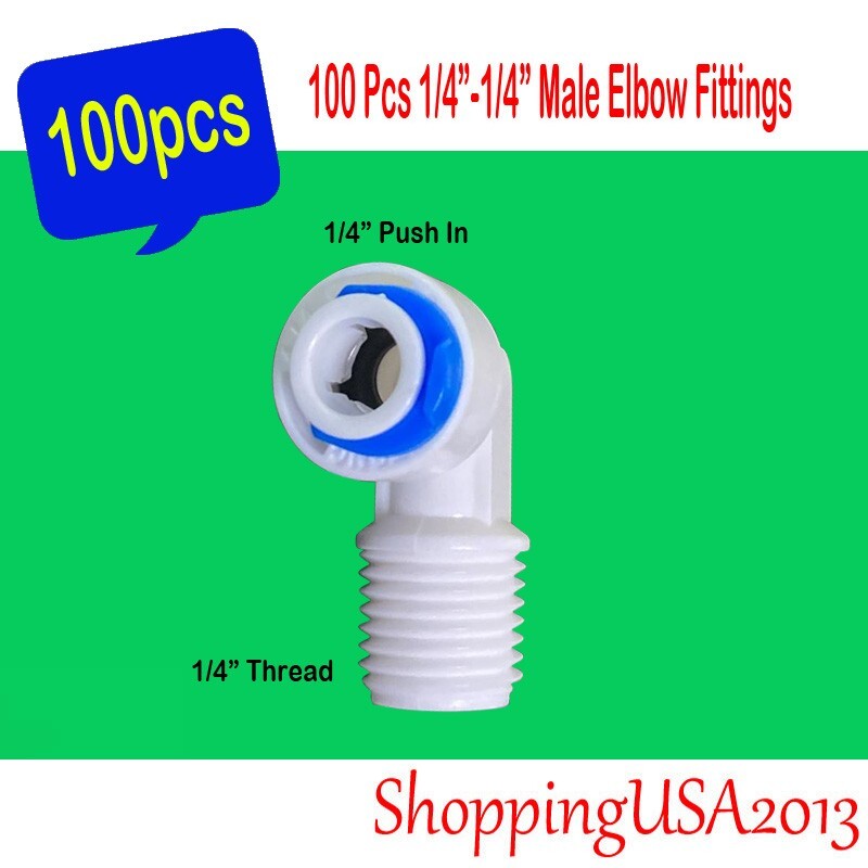 100 Pc 1/4"-1/4" Male Elbow Fitting Connector Thread Push In RO Water ...