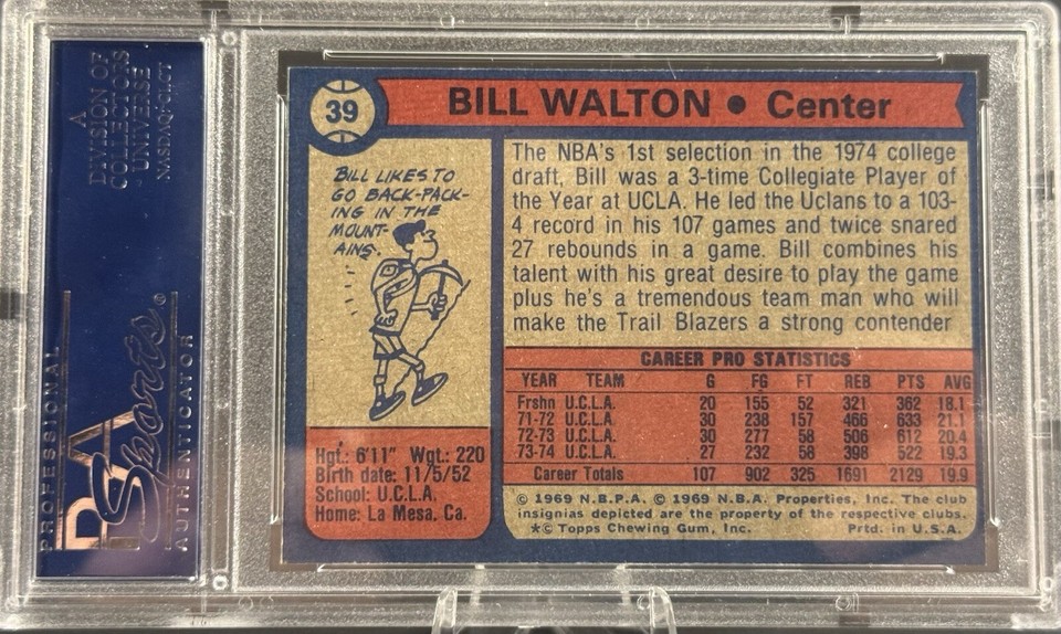 BILL WALTON 1974 Topps #39 RC Portland Trail Blazers Signed PSA DNA ...