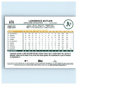 Lawrence Butler 2024 Topps 676 BASEBALL CARD Oakland Athletics Rookie ...