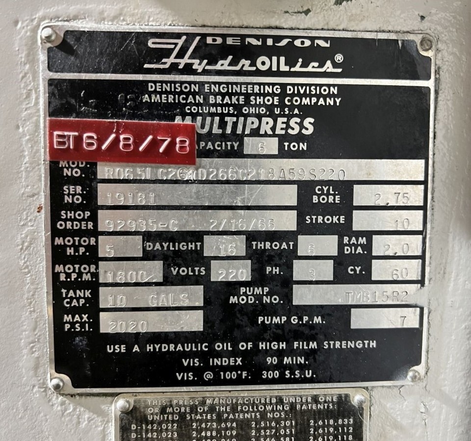6 Ton Denison Multipress • Gap Frame Hydraulic Press | eBay