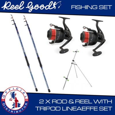 2 x Sea Fishing Rods 3.9m +2 Reels + Tripod Beach Caster full Set ...