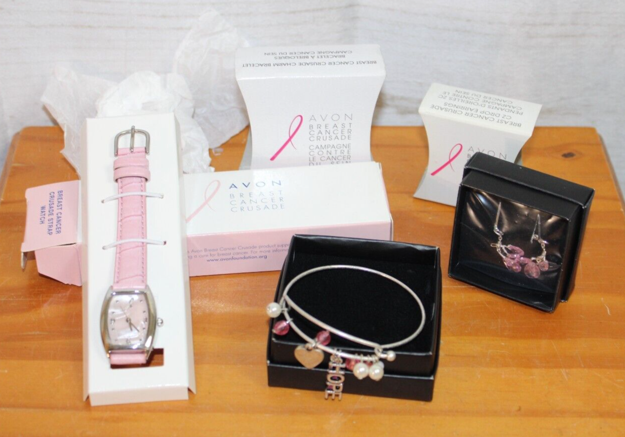 MD ~ Avon Breast Cancer Crusade Jewelry Set: Watch, Earrings, & Charm ...