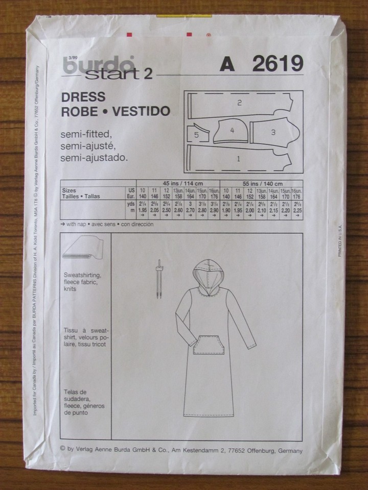 BURDA PATTERN - 2619 GIRL'S DRESS with HOOD KANGAROO POCKET 10-16jun ...