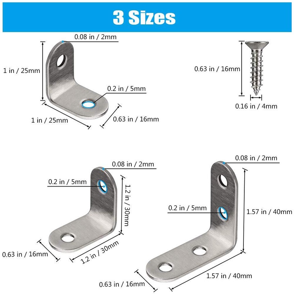 3 Sizes Stainless Steel Corner Braces L Bracket 90 Degree Right Angle ...