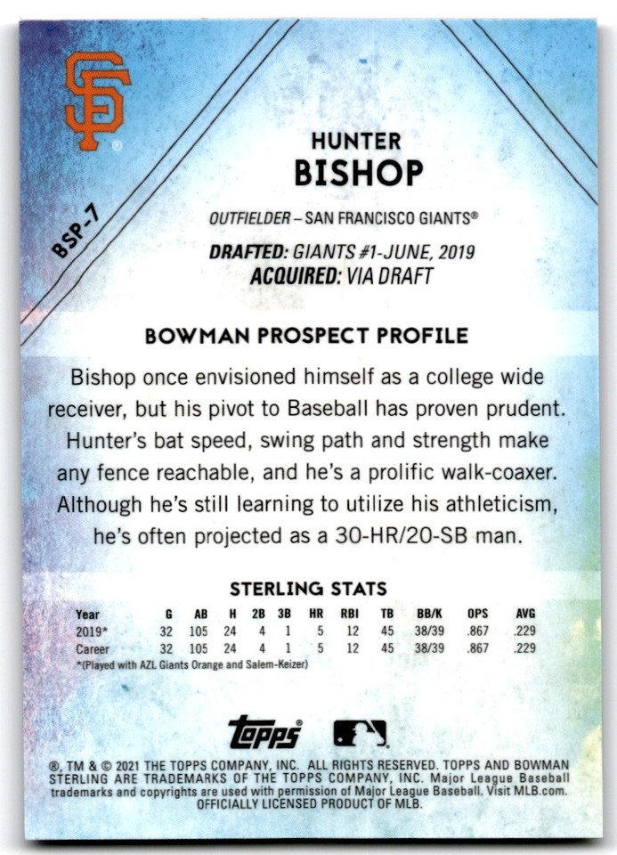 2021 Bowman Sterling Prospects Hunter Bishop Rookie 06/75 San Francisco ...