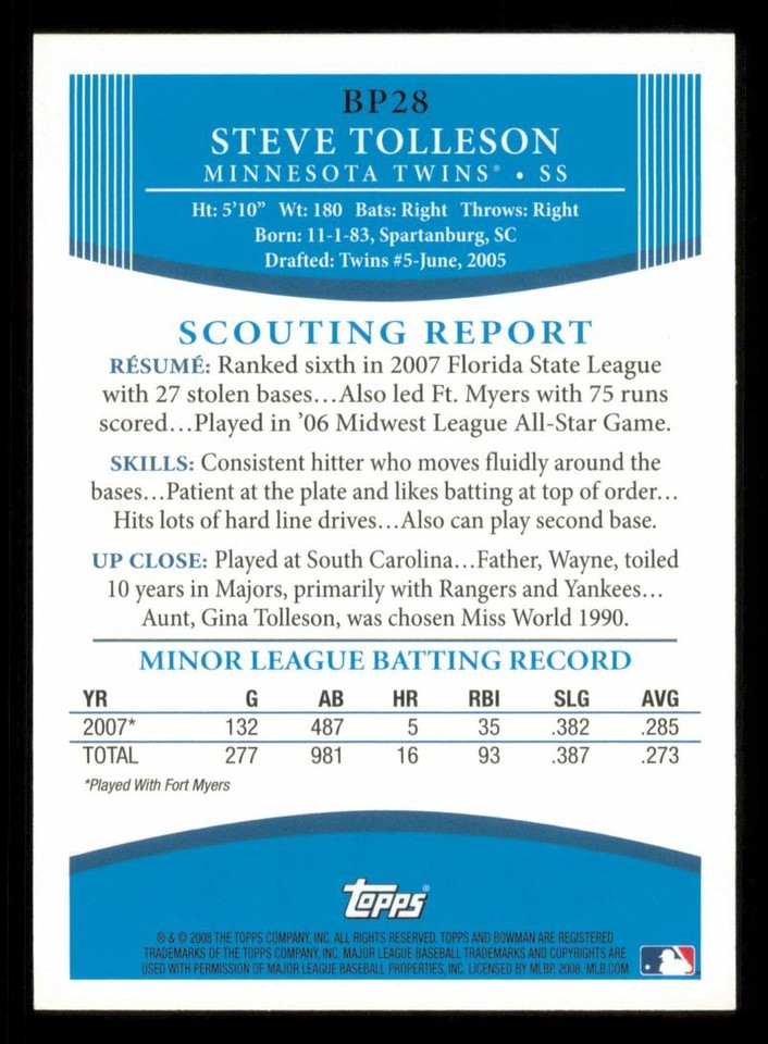 2008 Bowman Prospects Steve Tolleson Minnesota Twins #BP28 | eBay
