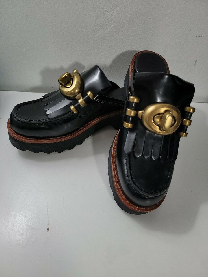 Coach Womens Turnlock Creepers Slide Mules Black Fringe Size 5 | eBay
