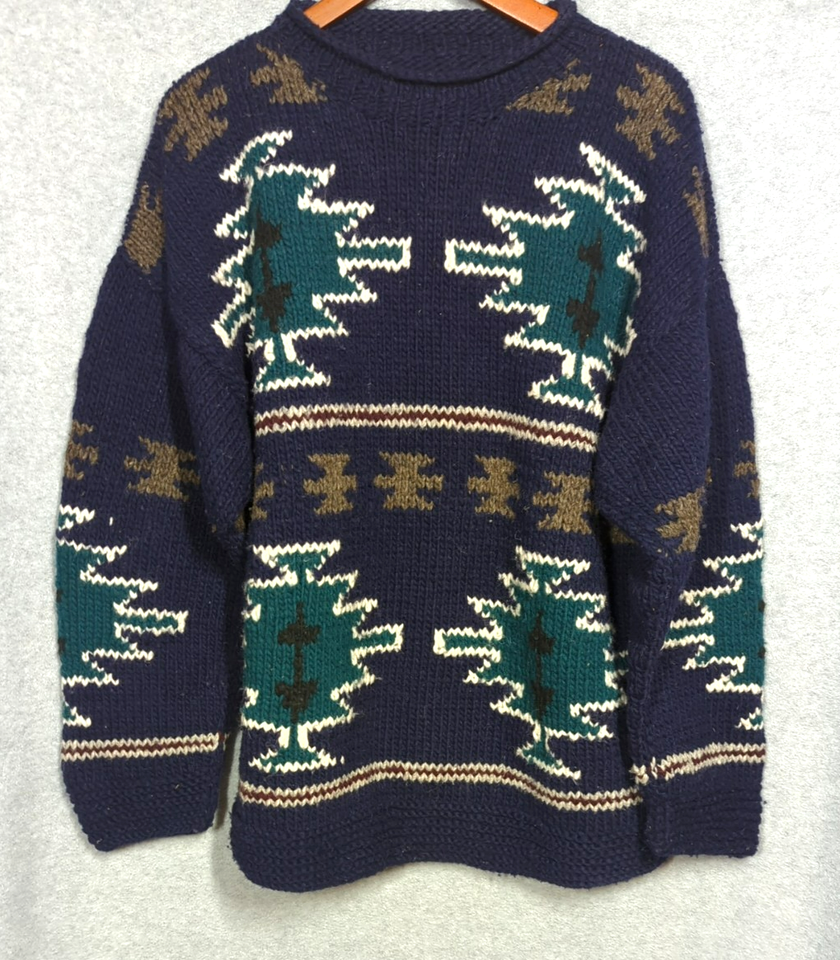 Vintage Ecuador Sweater 100% Wool Chunky Hand Knit Pullover Roll Neck ...