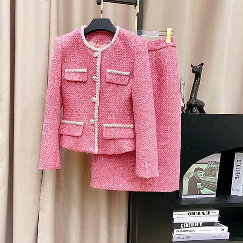 Women Suit Crew Neck Button Jacket Coat Top Skirt Two Piece Set Outfit ...