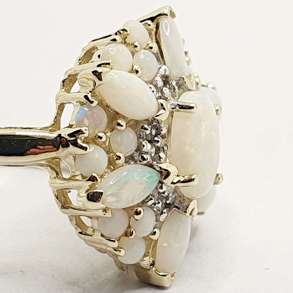 Fancy Big 9ct Opal & Diamond Multi Rows Cluster Ring Yellow Gold 375 Size O | eBay UK