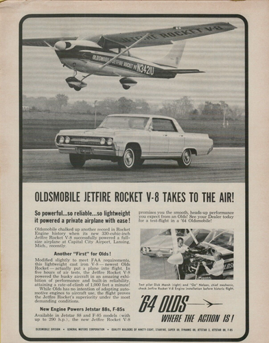 1964 Oldsmobile Jetfire Rocket V-8 Jetstar 88 Plane Photo Vintage PRINT ...
