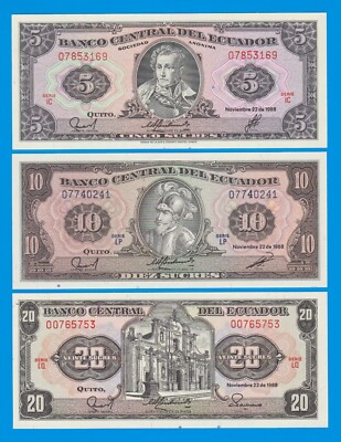3 Ecuador Notes! 5 + 10 + 20 Sucres, 1988 P-113d +P-121 +P-121A, ALL ...