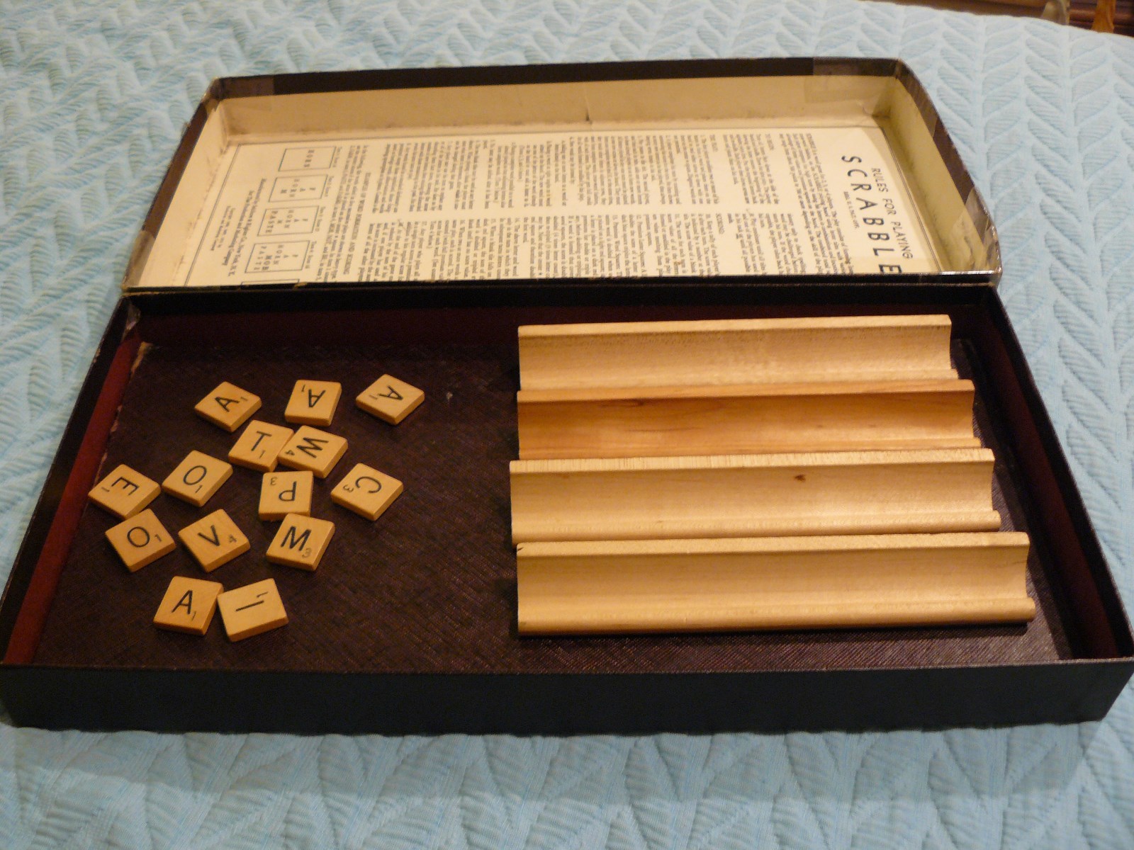SCRABBLE PARTS box, board has worn corners/ 4 wood holders /hand full ...