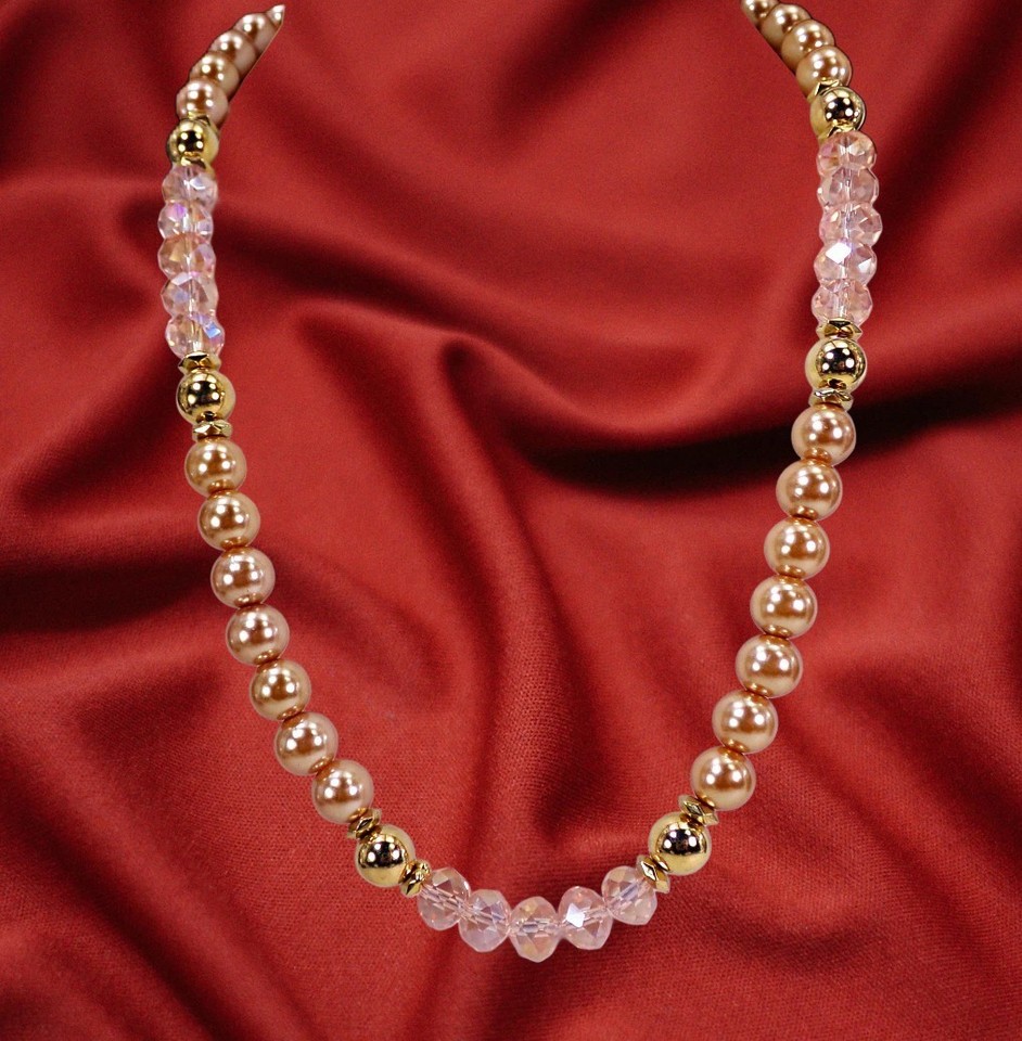 Beige color pearl bead necklace with pink glass beads and gold plated ...