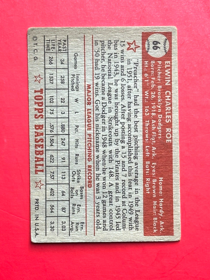 1952 Topps #66 Preacher Roe Low Number Brooklyn Dodgers | eBay