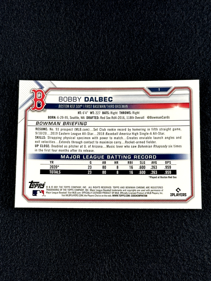 2021 Bowman Chrome Base BOBBY DALBEC Rookie Card RC #1 Boston Red Sox ...