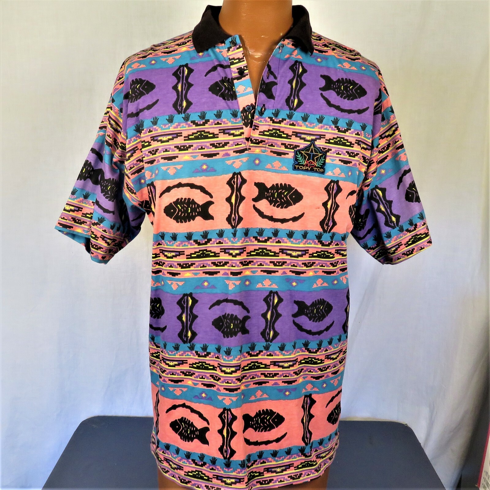 Vintage TOPY TOP Shirt 1980s 80s DAY-GLO Sz XL Geometric Fish Body ...
