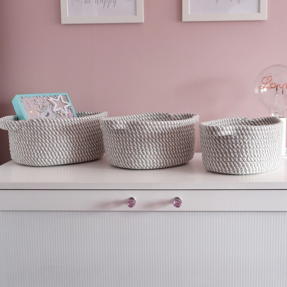 Cotton Rope Storage Baskets Soft Grey & White Tones Bedrooms Playrooms ...