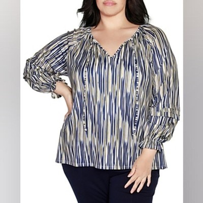 $95 Belldini Plus Printed Notched V Neck Top 1X. Navy | eBay