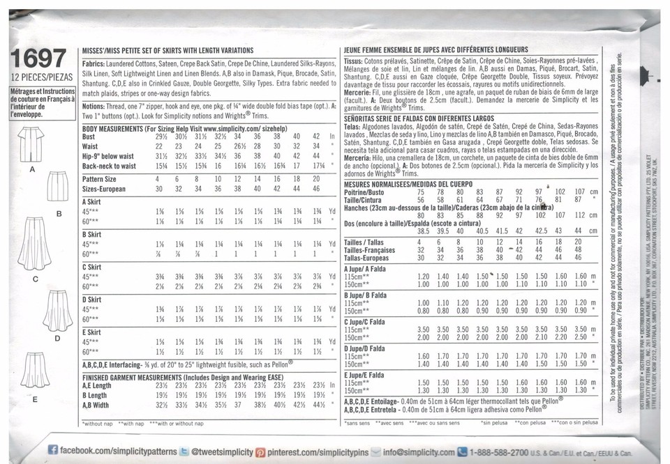 1697 UNCUT Simplicity Pattern Misses Skirt with length variations long ...