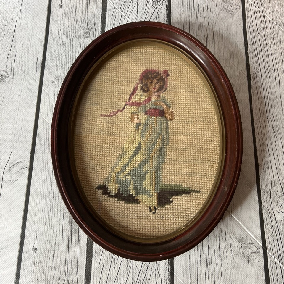 Vintage Blue Boy Needlepoint Framed Finished Oval Glass And Girl In ...
