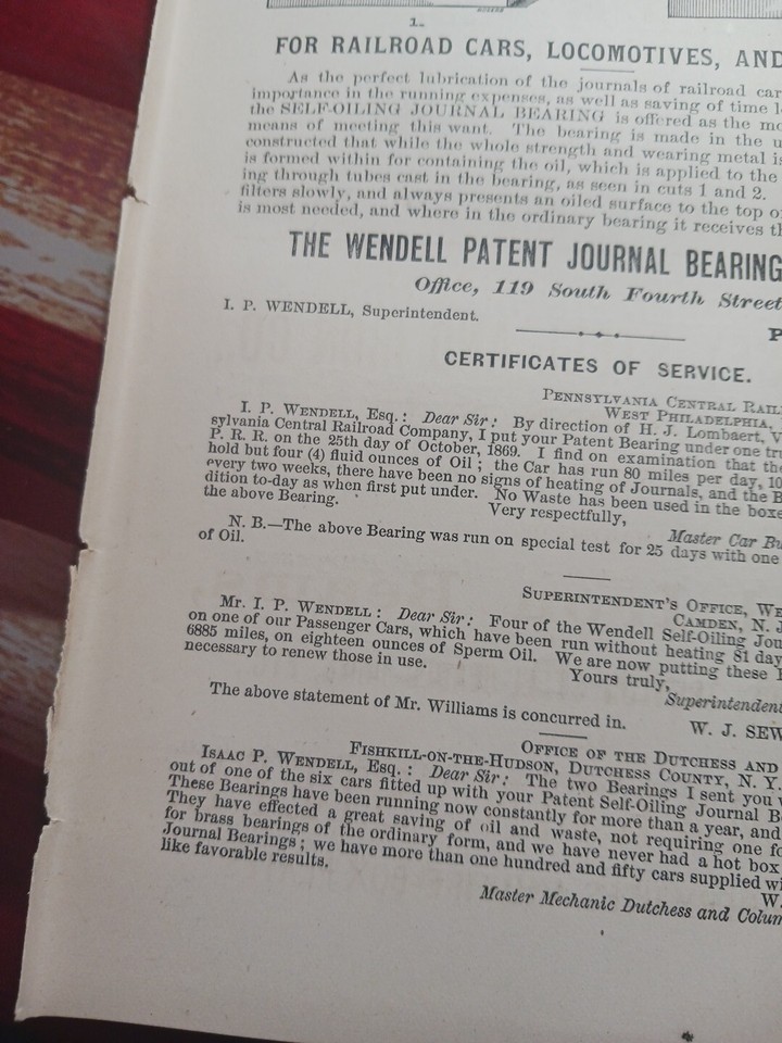1872 Ad Wendell's Patent Self Oiling Journal Bearing Railroad Car ...