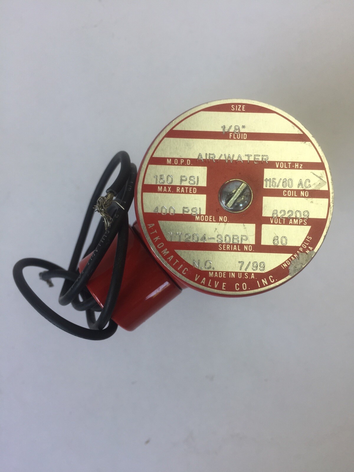 ATKOMATIC VALVE TT204-30BP SOLENOID VALVE 1/8" 115VAC 60HZ 400PSI 60AMP ...