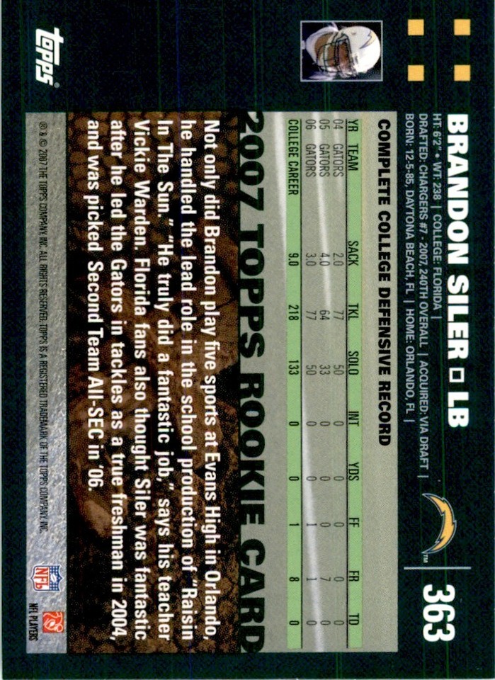 2007 TOPPS BRANDON SILER ROOKIE SAN DIEGO CHARGERS #363 | eBay