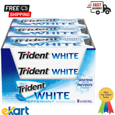 Trident White Peppermint Sugar Free Gum, 9 Packs of 16 Pieces (144 ...
