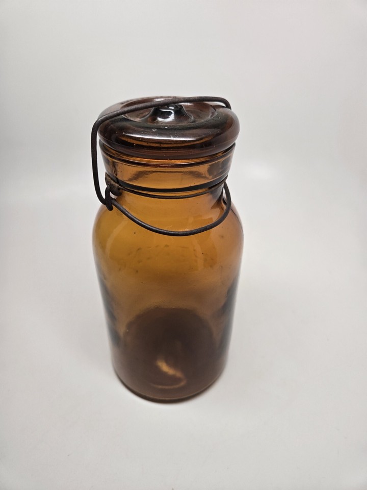 Antique amber quart Jar Trade Mark Lightning / Matching Amber Lid. | eBay