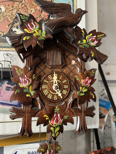 Hubert Herr Black Forest Cuckoo Clock Floral Adorned Running Condition ...