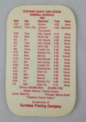 1982 Stephens County High School Baseball Pocket Schedule Card ...