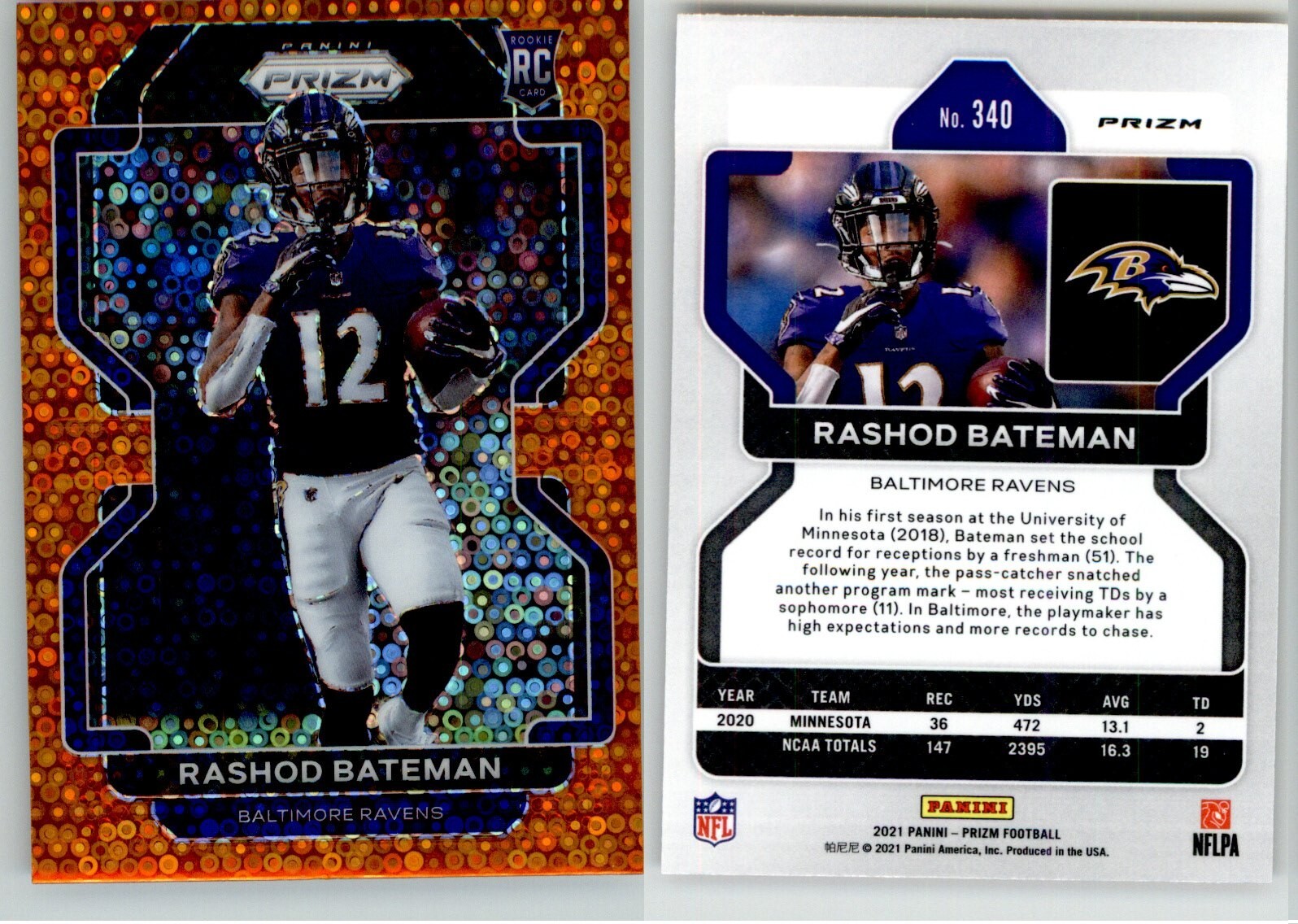 Rashod Bateman 2021 Panini Prizm Orange Disco #340 Rookie RC Baltimore ...