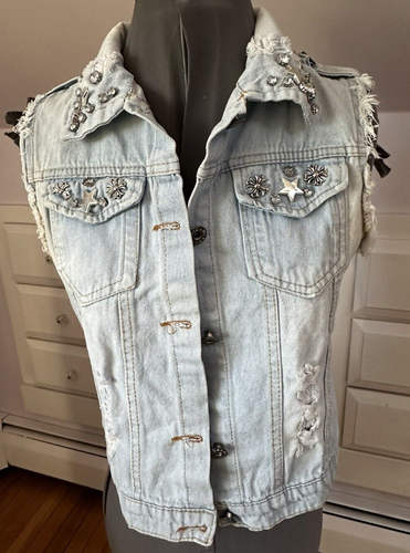 Unbranded women size S blue distressed bling denim vest | eBay