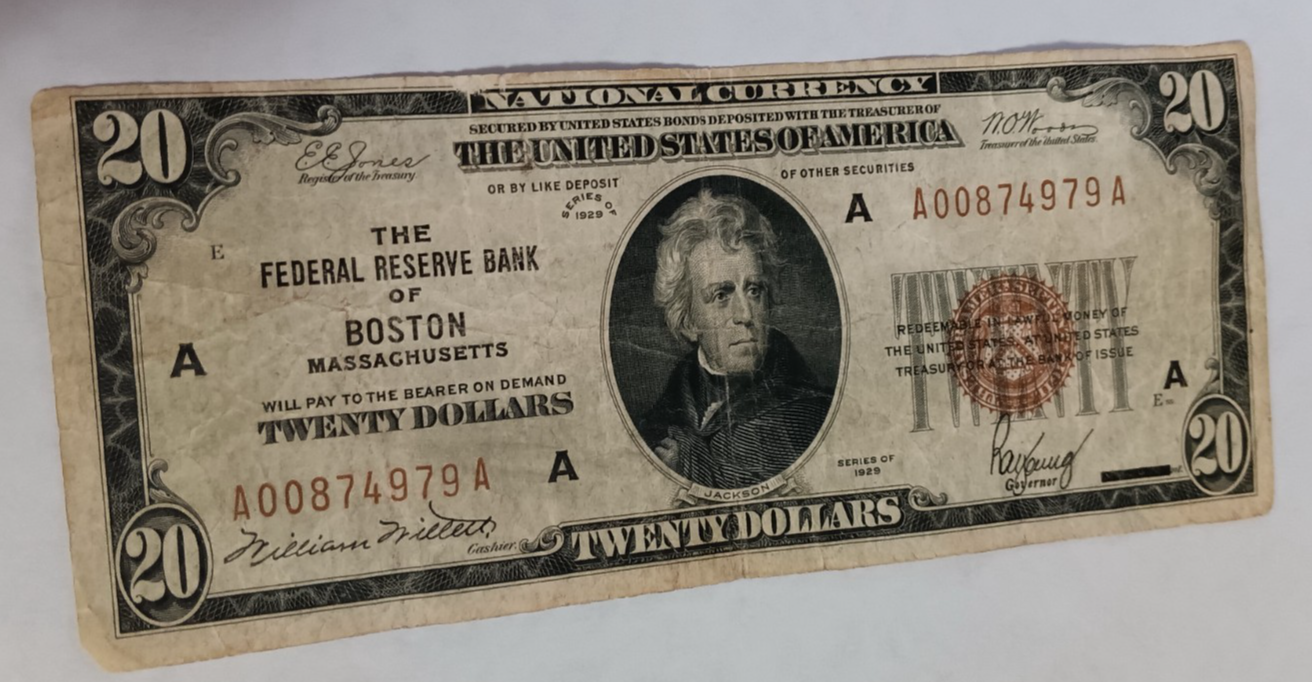 $20 1929 Boston MA National Currency Federal Reserve Bank Note In Good ...