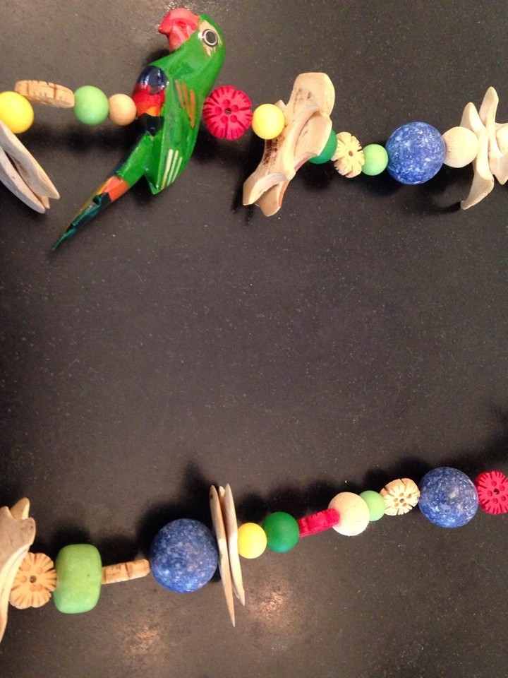 Designer Signed L N Tropical Wood Beads Painted Parrot 13" Necklace Fun ...