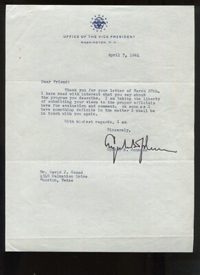 2 LYNDON B JOHNSON SIGNED 1961 LETTERS ON VICE PRESIDENT & SENATE ...