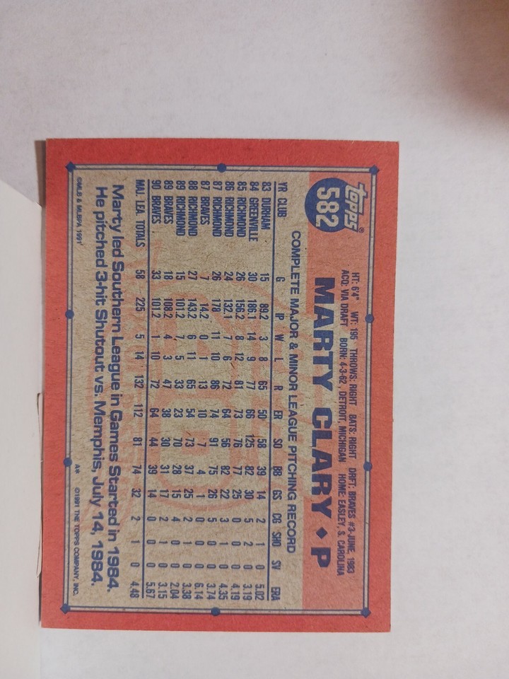 1991 Topps 582 Marty Clary Glow Back | eBay