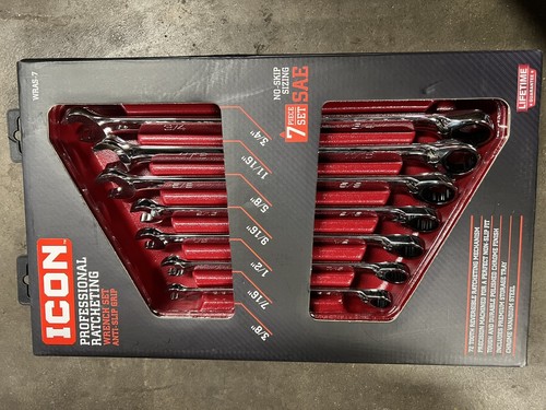 New Icon WRAS-7 SAE 7pc Ratcheting Wrench Set Anti-slip Grip 3/8-3/4 ...
