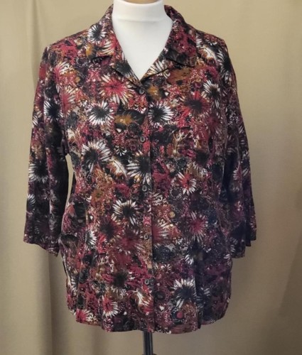 CJ Banks Sz 3X Burgundy Floral Jacket Shirt Linen Top Button Front 3/4 ...