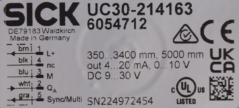 SICK UC30-214163 6054712 Ultrasonic Sensor 350 - 3400 / 5000 mm 9-30 ...