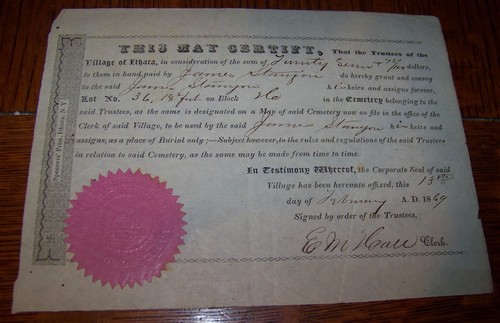 1869 ANTIQUE JAMES STANYON CEMETERY PLOT CERTIFICATE VILLAGE ITHACA NY ...