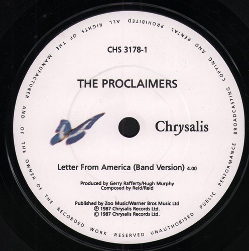 Proclaimers Letter From America 7" vinyl UK Chrysalis 1987 paper label ...