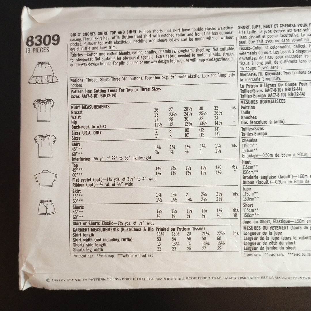 Simplicity 8309 Pattern Girls Shorts Skirt Top Shirt Ruffle Pull-On 7-10 Cut | eBay