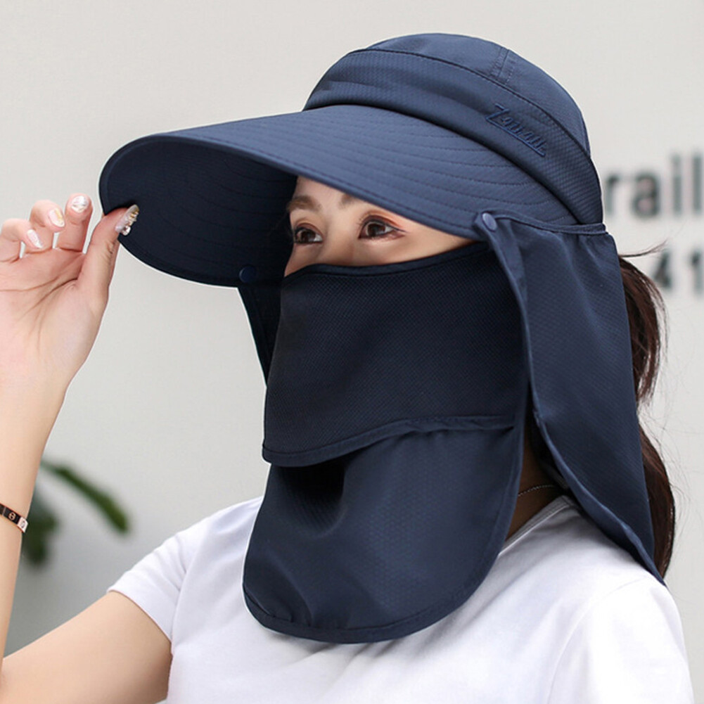 Women Sun Protection Wide Brim Hat Anti UV Beach Face Mask Cap (Dark ...