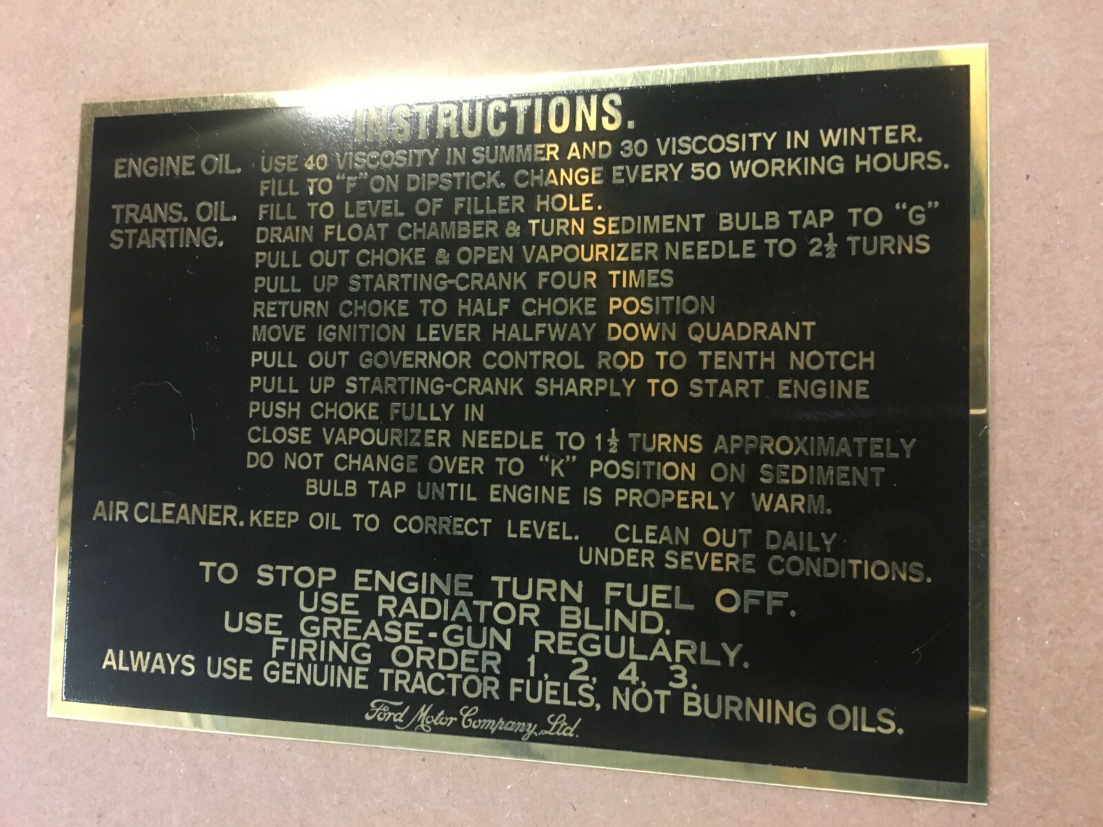 FORDSON STANDARD N STARTING INSTRUCTION PLATE | eBay