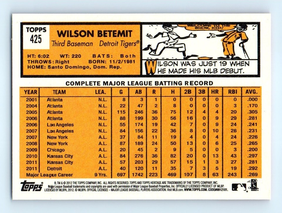 2012 Topps Heritage Wilson Betemit Detroit Tigers #425 | eBay