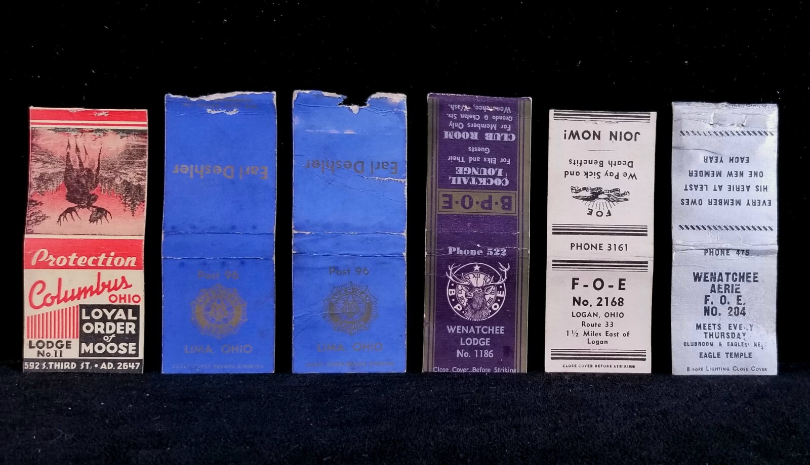Vtg 1930s 1940s Matchbook Covers Fraternal Clubs Elks Moose FOE ...