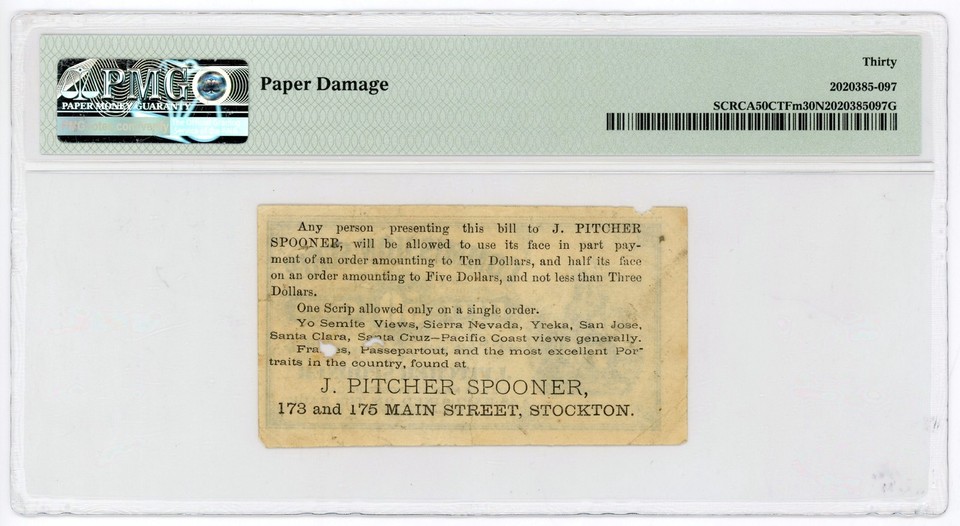 1870's 50c J. Pitcher Spooner - Stockton, CALIFORNIA Merchant Scrip PMG ...