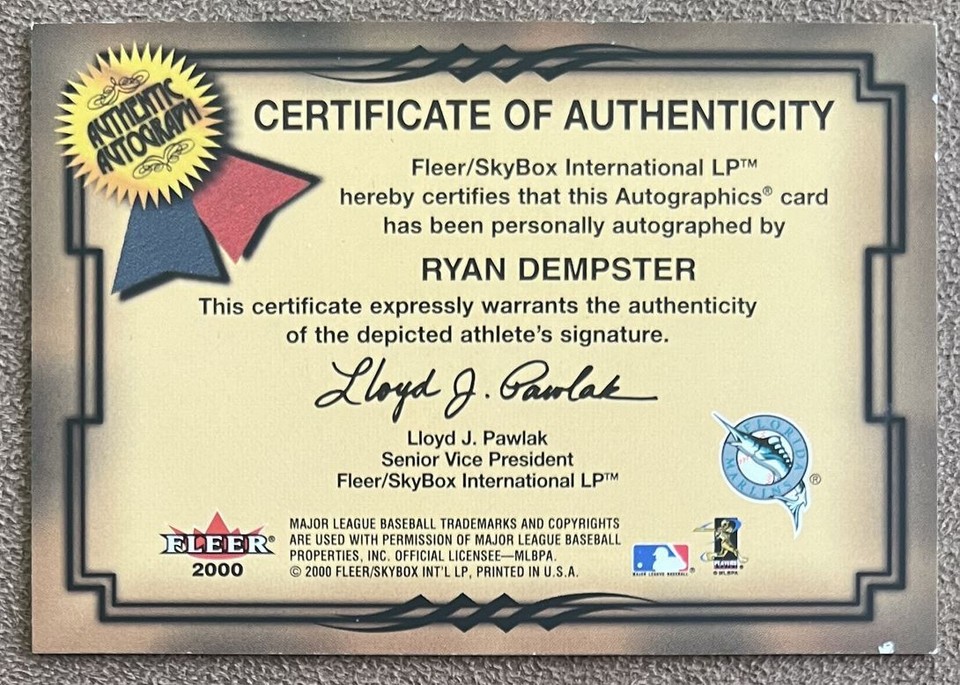 2001 Fleer Skybox Autographics Autograph Ryan Dempster Florida Marlins ...